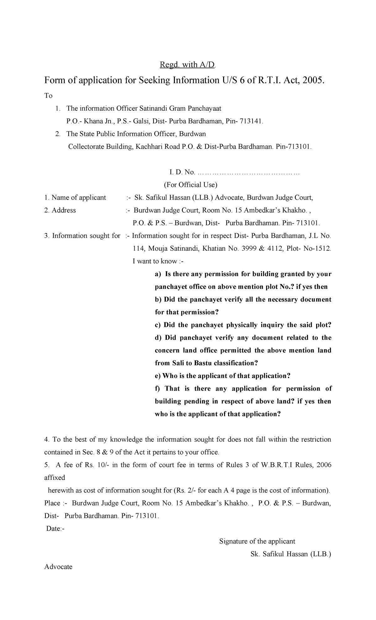 Rti Satinandi Gram Panchayet - Regd. with A/D. Form of application for ...