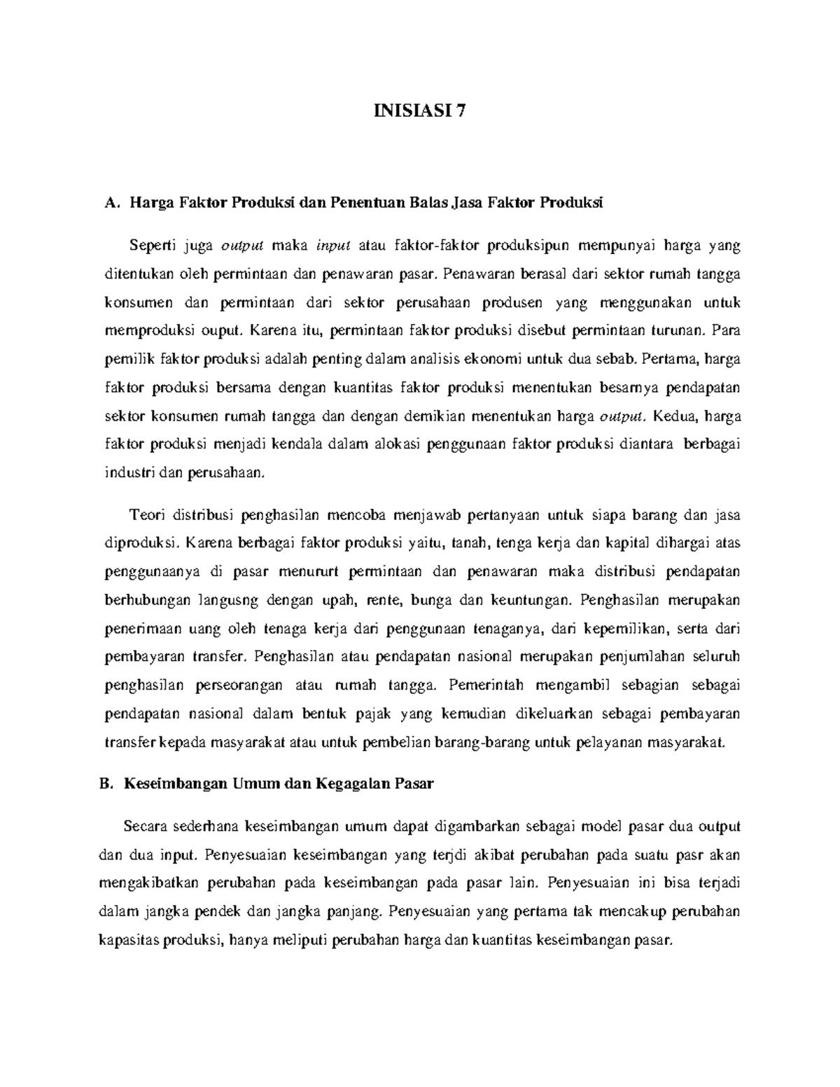 Inisiasi 7 Mikro - INISIASI 7 A. Harga Faktor Produksi dan Penentuan ...