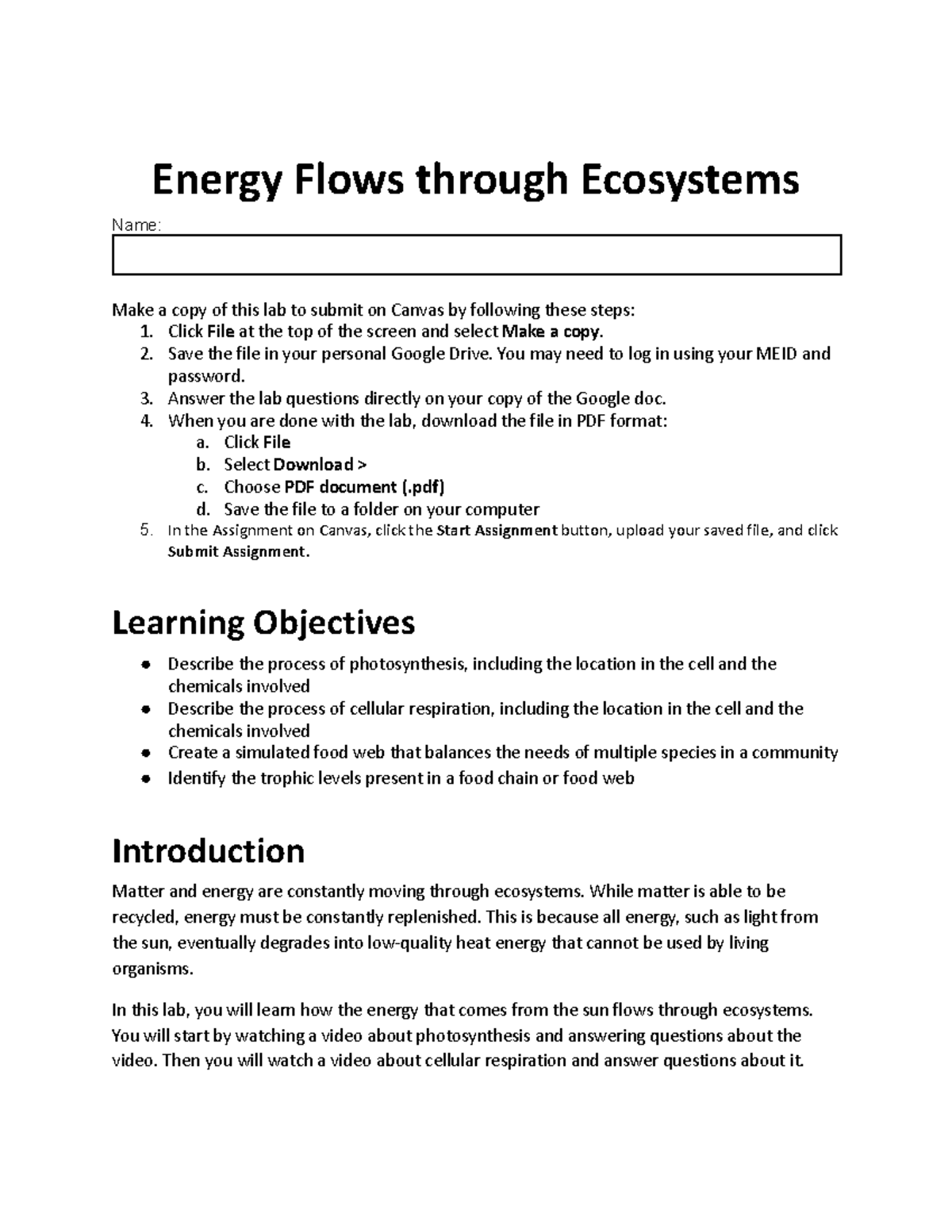 Lab Energy Flow (online) - Energy Flows through Ecosystems Name: Make a ...