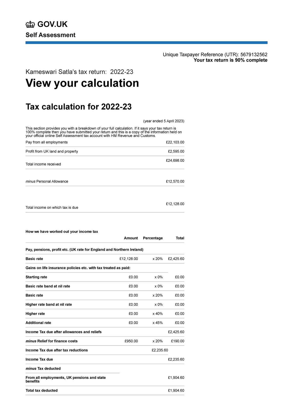 Kameswari Satla's tax calculation - Unique Taxpayer Reference (UTR ...