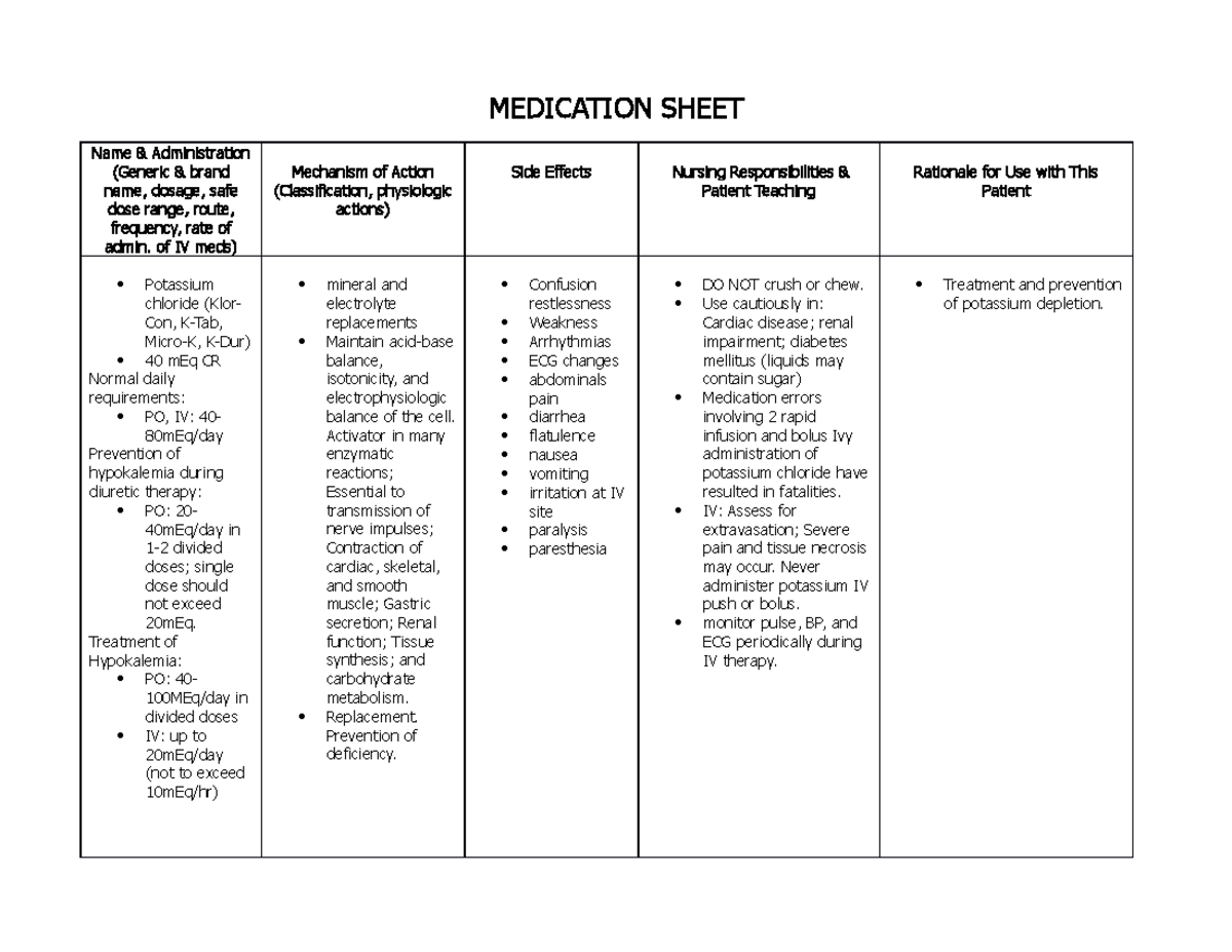 Medication Sheet Potassium Chloride NUR 113 Gadsden State Studocu