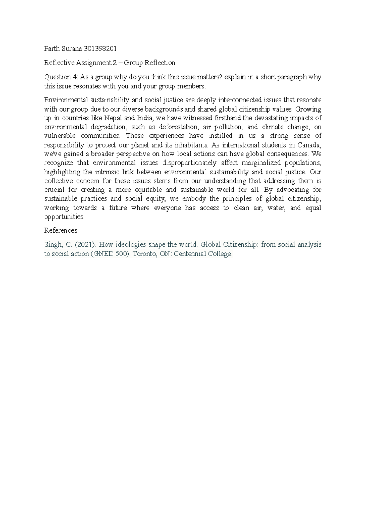 Reflective assignment 2 - Parth Surana 301398201 Reflective Assignment ...