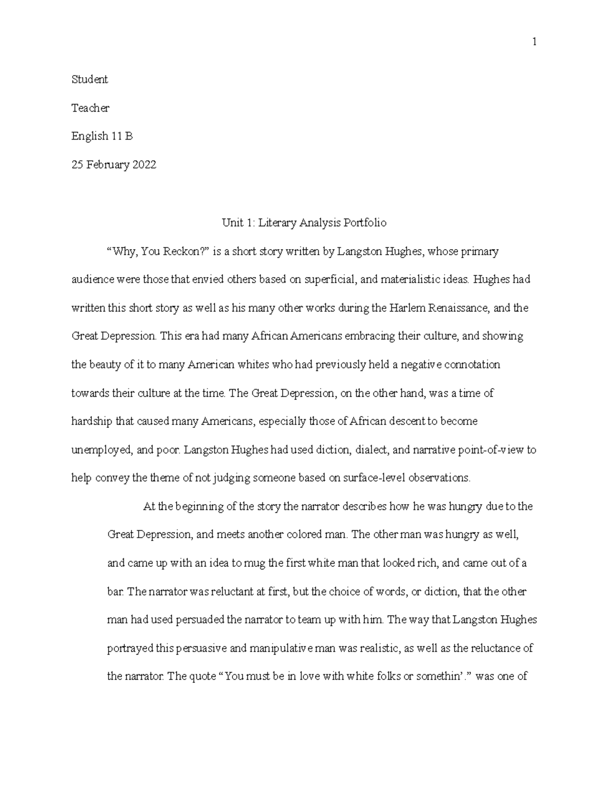 English 11 B Unit 1 Literary Analysis Portfolio - 1 Student Teacher ...