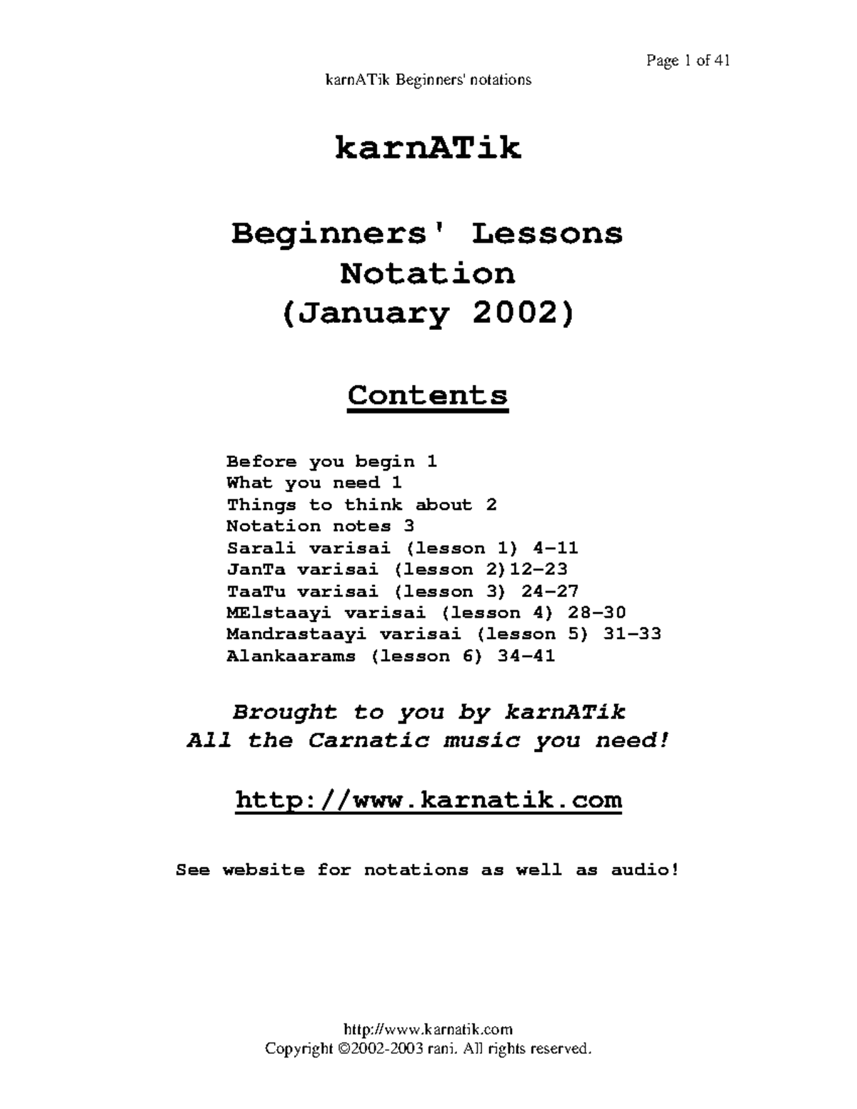 Beginners - karnATik Beginners' Lessons Notation (January 2002 ...