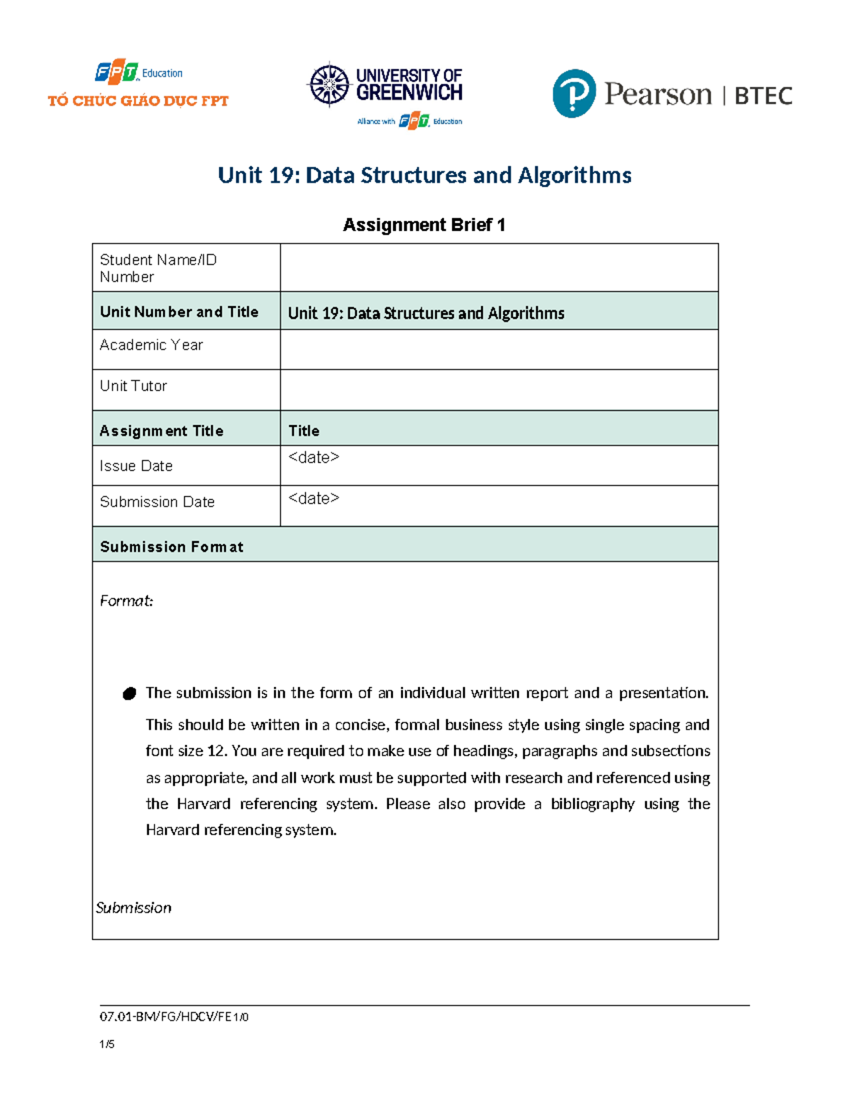 1649 Brief 1 - Practice - Unit 19: Data Structures and Algorithms Assignment Brief 1 Student ...