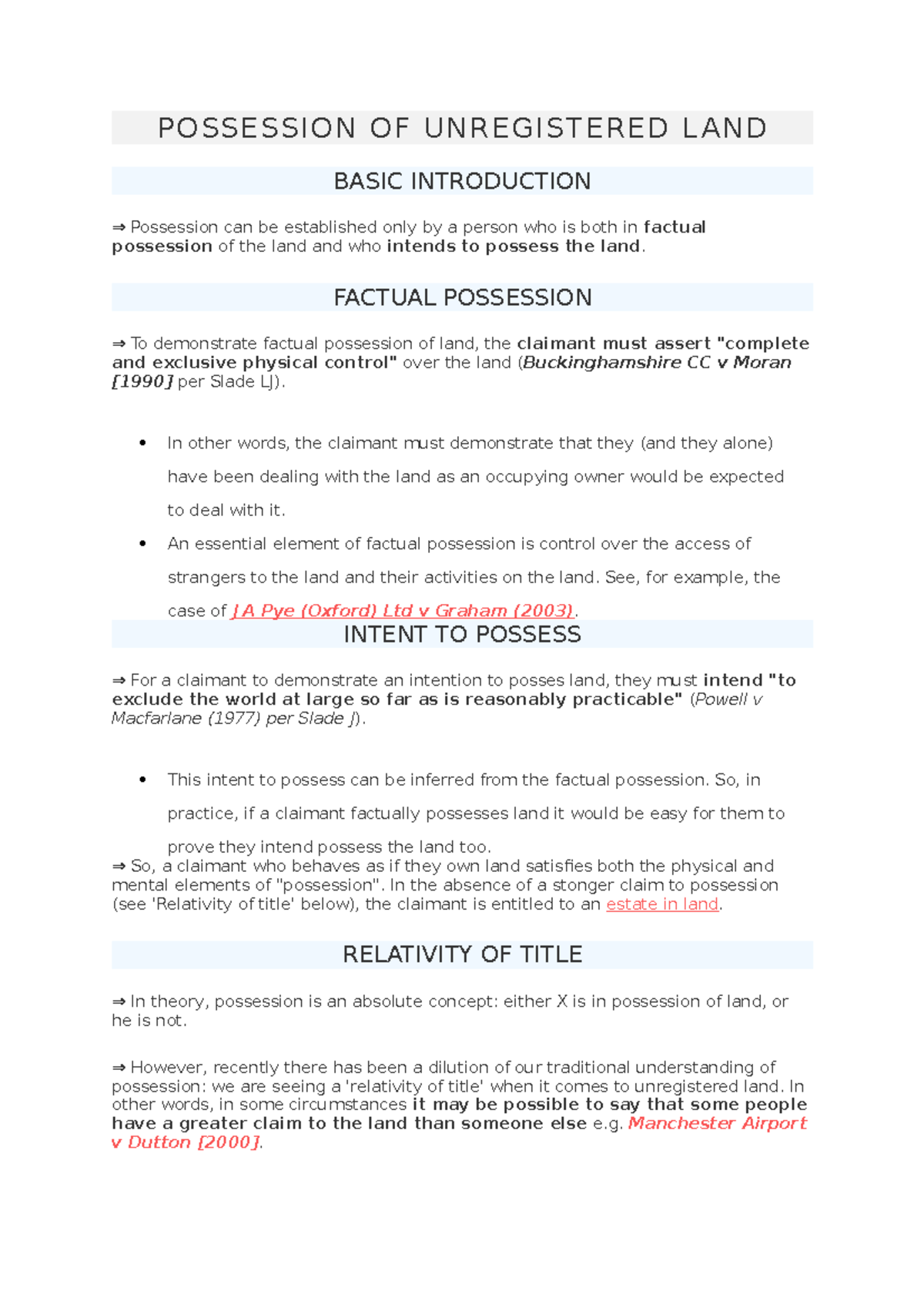 Land law 3 - POSSESSION OF UNREGISTERED LAND - POSSESSION OF ...