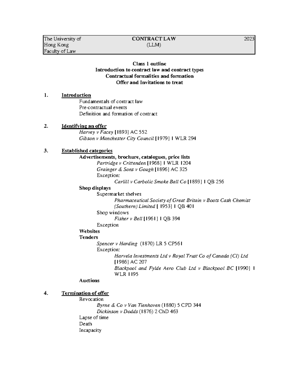 Class 1 outline - The University of Hong Kong Faculty of Law CONTRACT ...