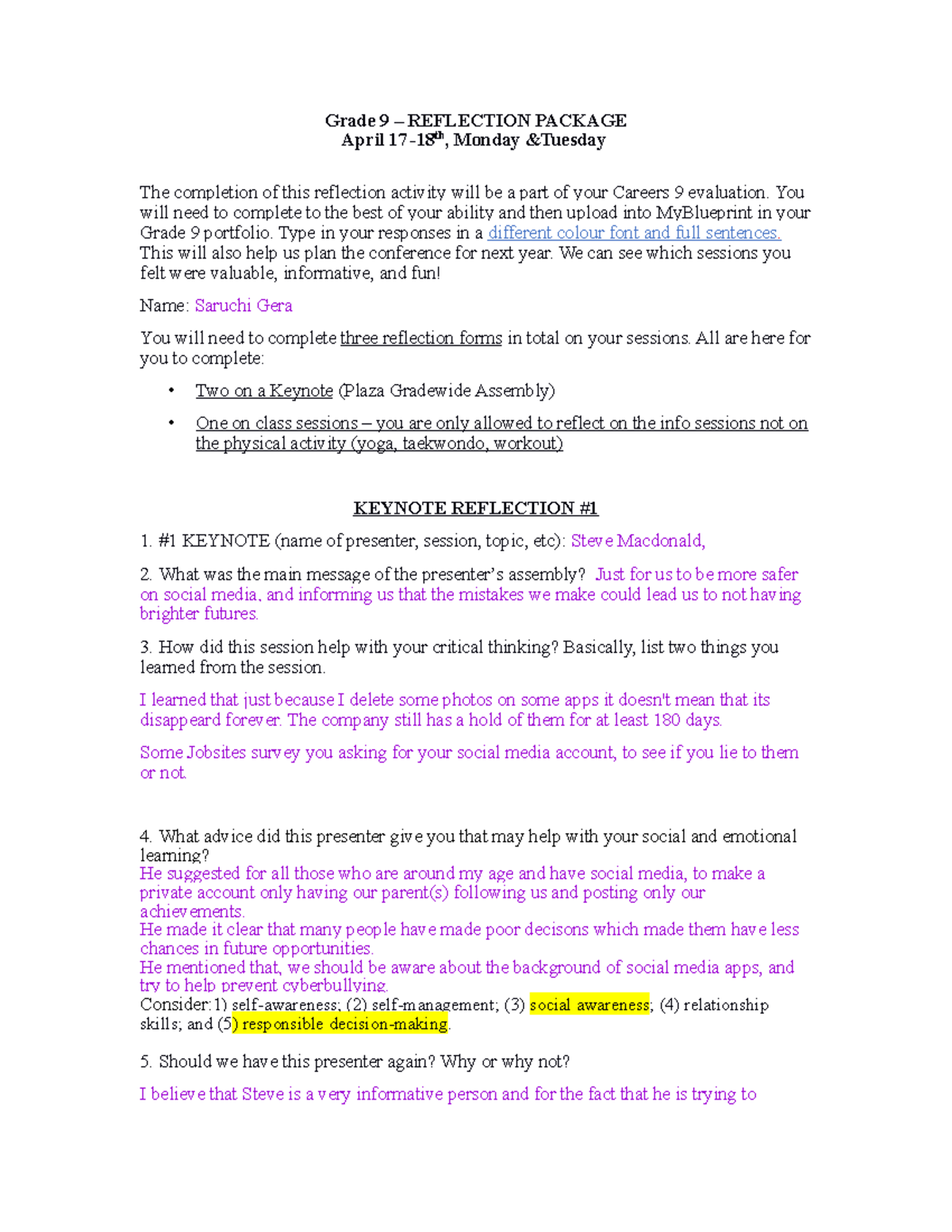 Grade 9 - Conference Reflection Package - Grade 9 – REFLECTION PACKAGE April 17 -18th, Monday ...