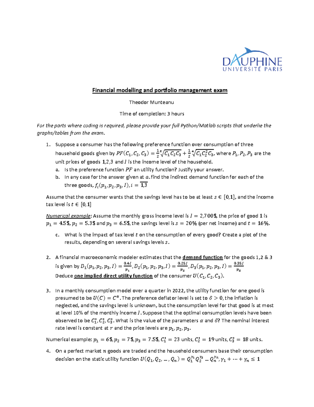 Financial modelling and portfolio management exam - Suppose a consumer ...
