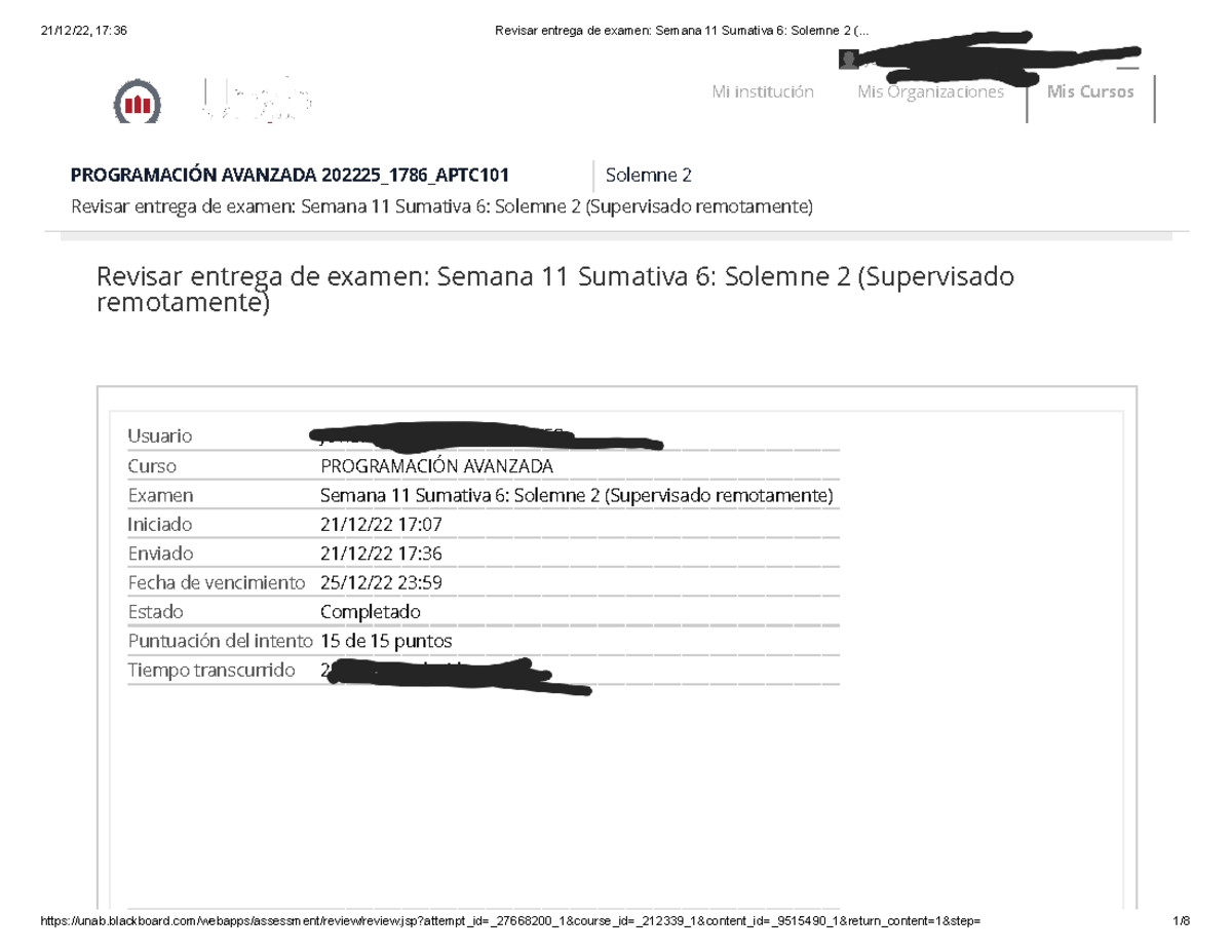 Revisar entrega de examen Semana 11 Sumativa 6 Solemne 2 ( 221221 174316 - PROGRAMACIÓN AVANZADA ...