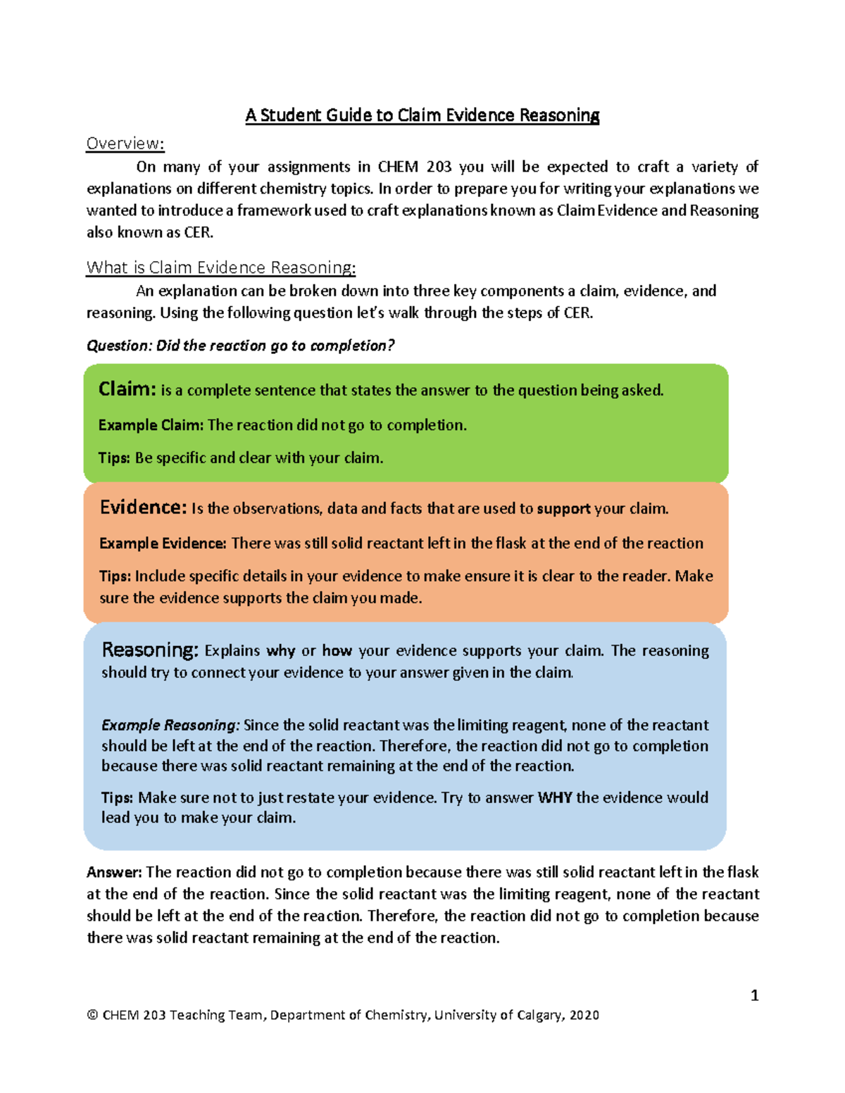 Claim Evidence Reasoning Student Handout Chem203 - 1 © CHEM 203 ...