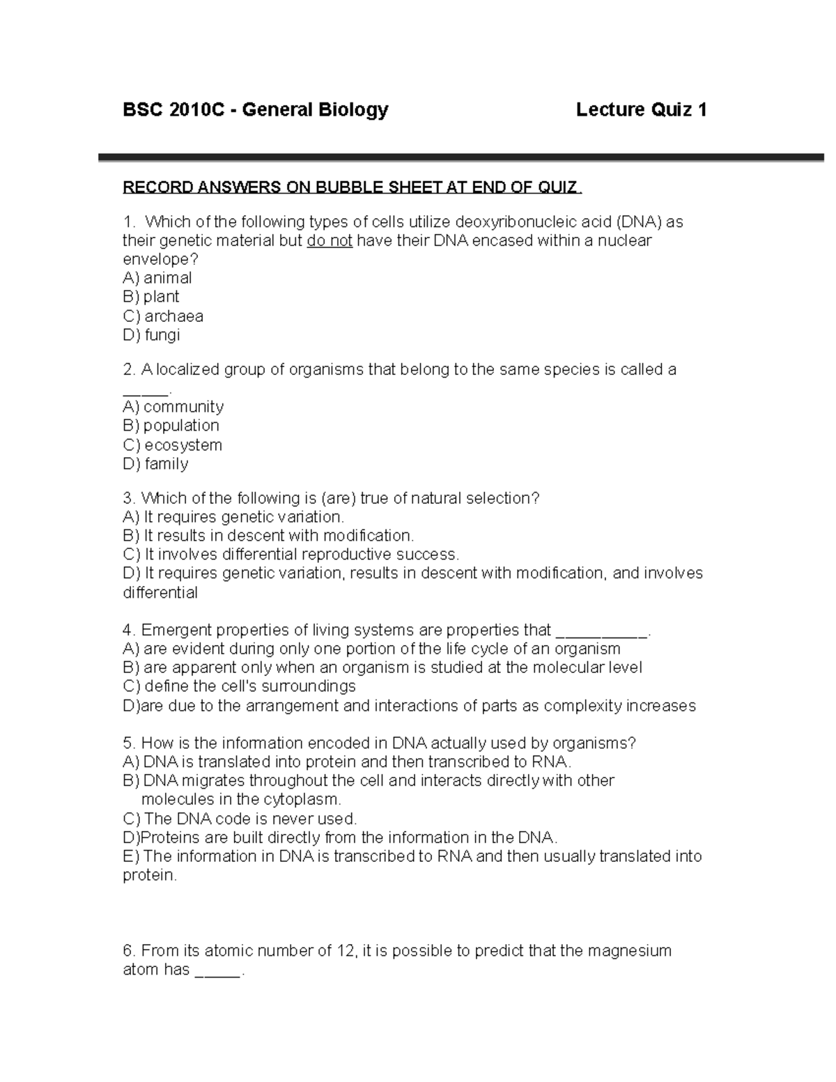 BSC 2010 C Lecture Quiz 1 Fall 2018 Chs 1 2 - BSC 2010C - General ...