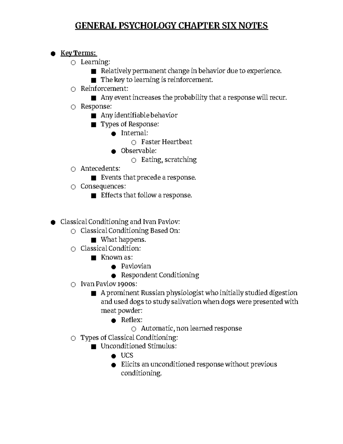 General Psychology Chapter SIX Notes - Key Terms: Learning: Relatively ...