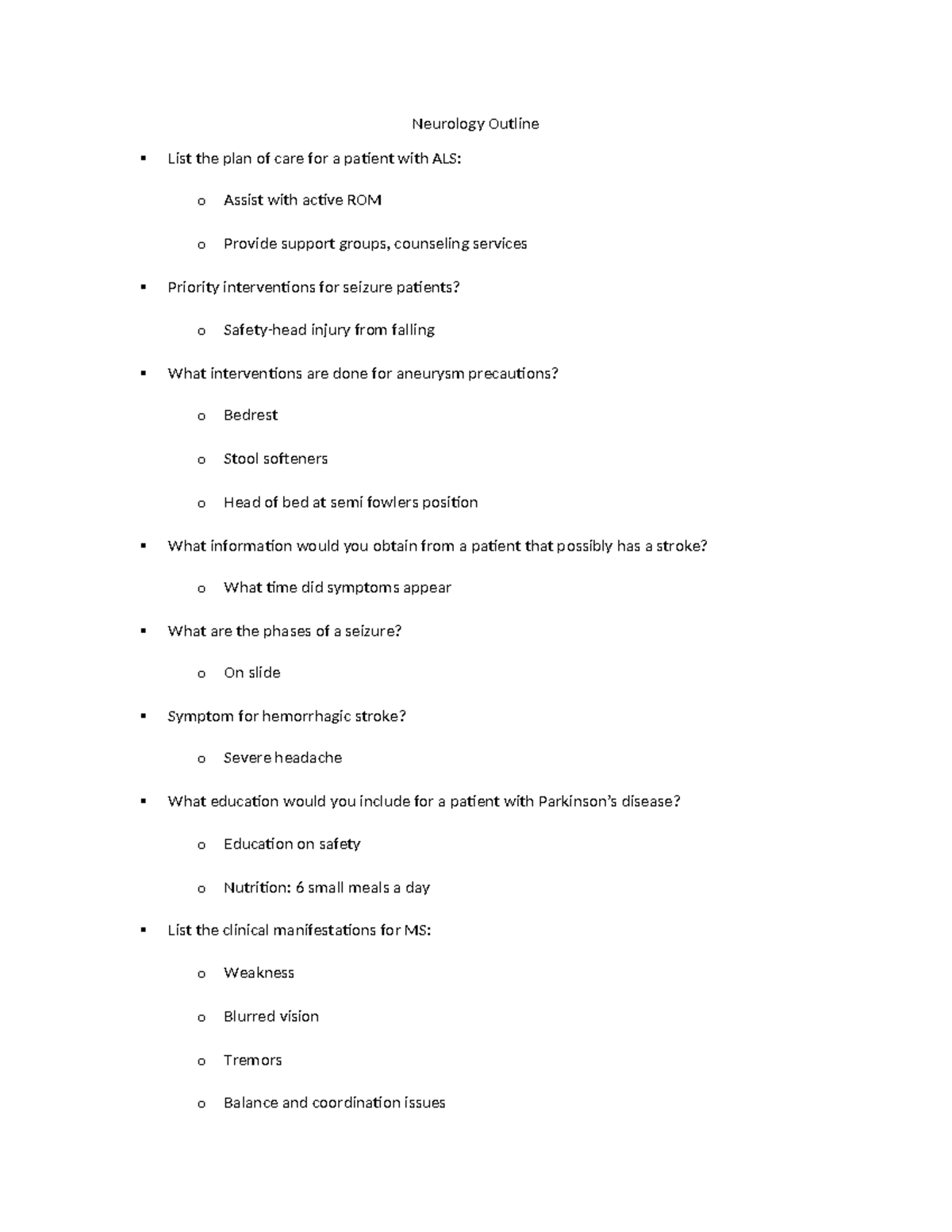Neurology quiz Outline - Neurology Outline List the plan of care for a ...