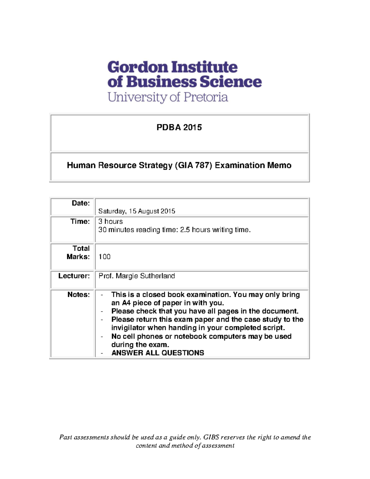 PDBA Human Resource Strategy Marking Guide 3 - Past assessments should ...