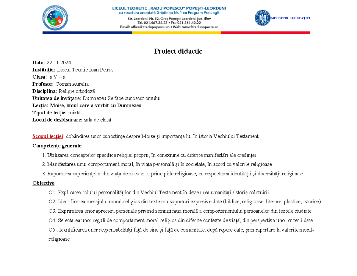 Proiect didactic moise clasa a V-a - Copy - Proiect didactic Data: 22. Institu ia:ț Liceul ...