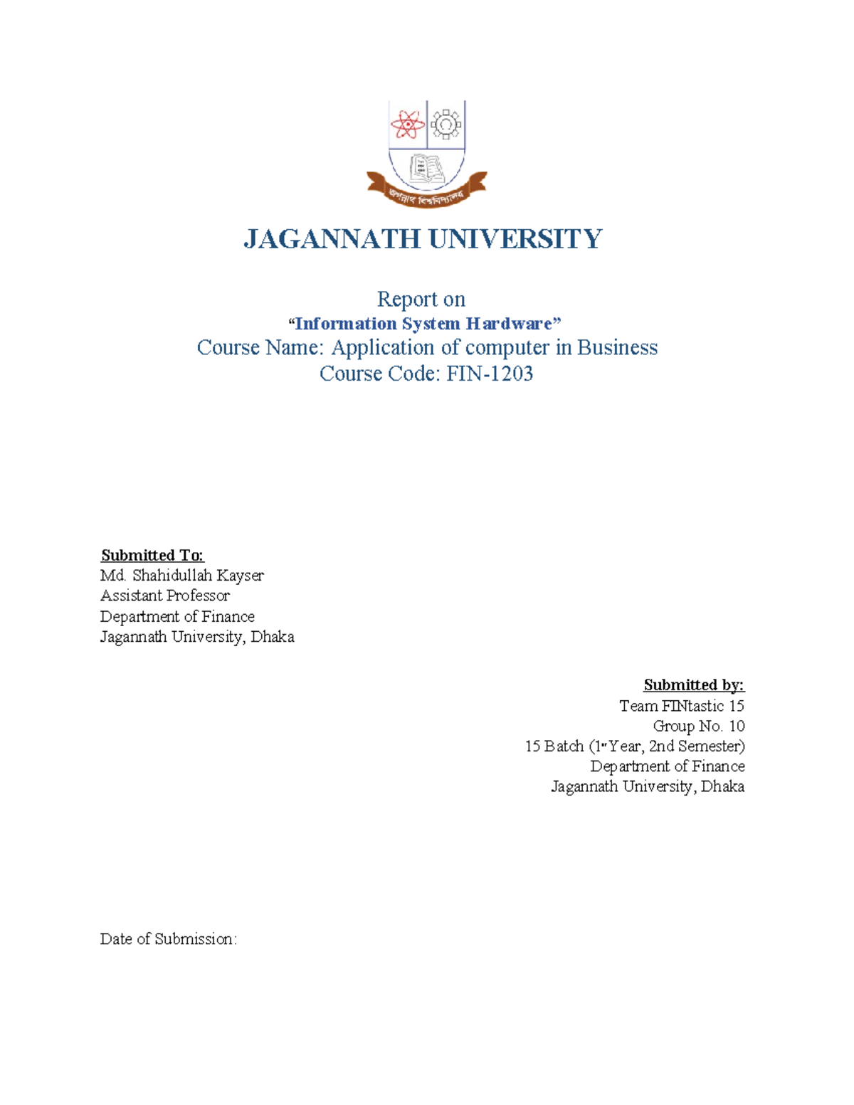 Final report computer hardware - JAGANNATH UNIVERSITY Report on ...