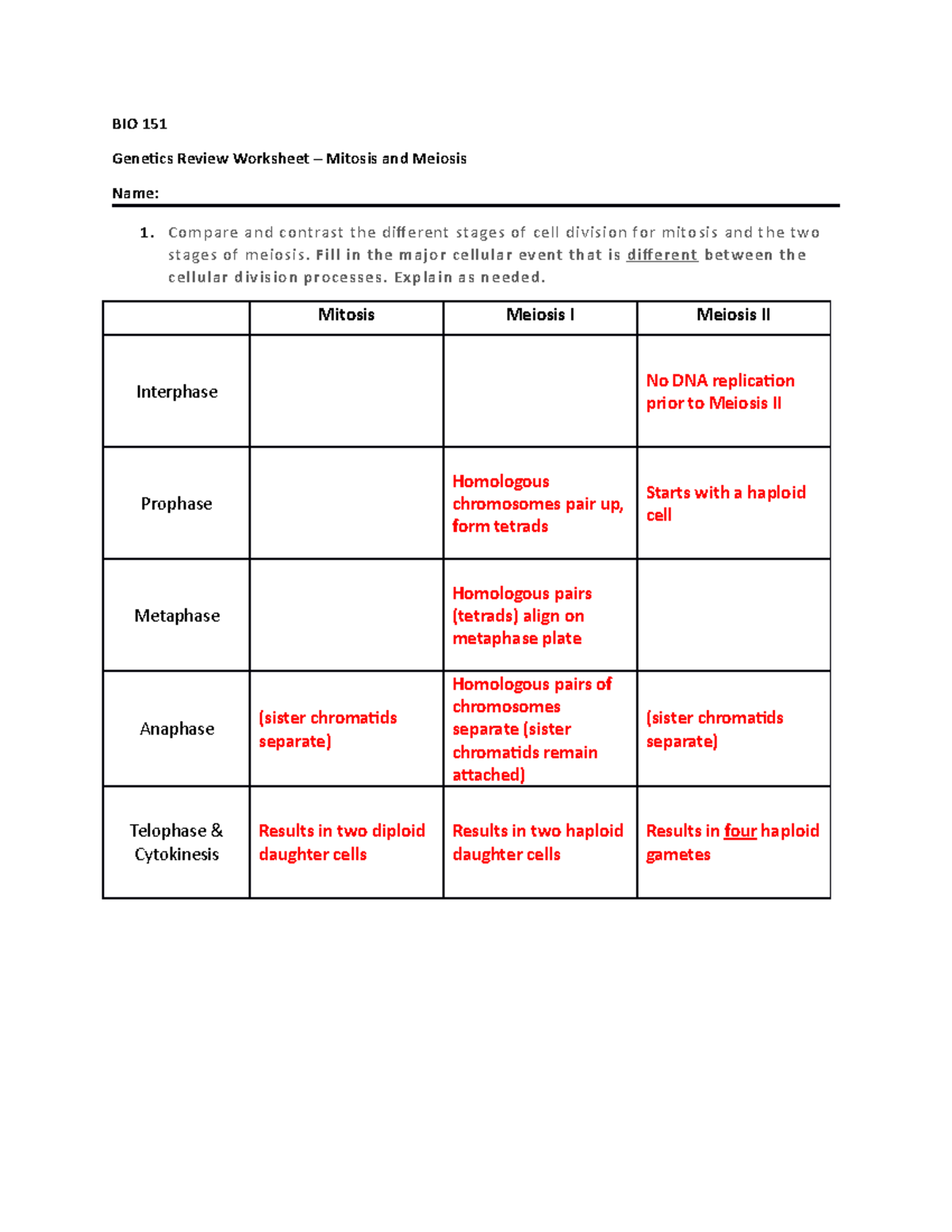 Review Mitosis Meiosis Answers - BIO 151 Genetics Review Worksheet ...