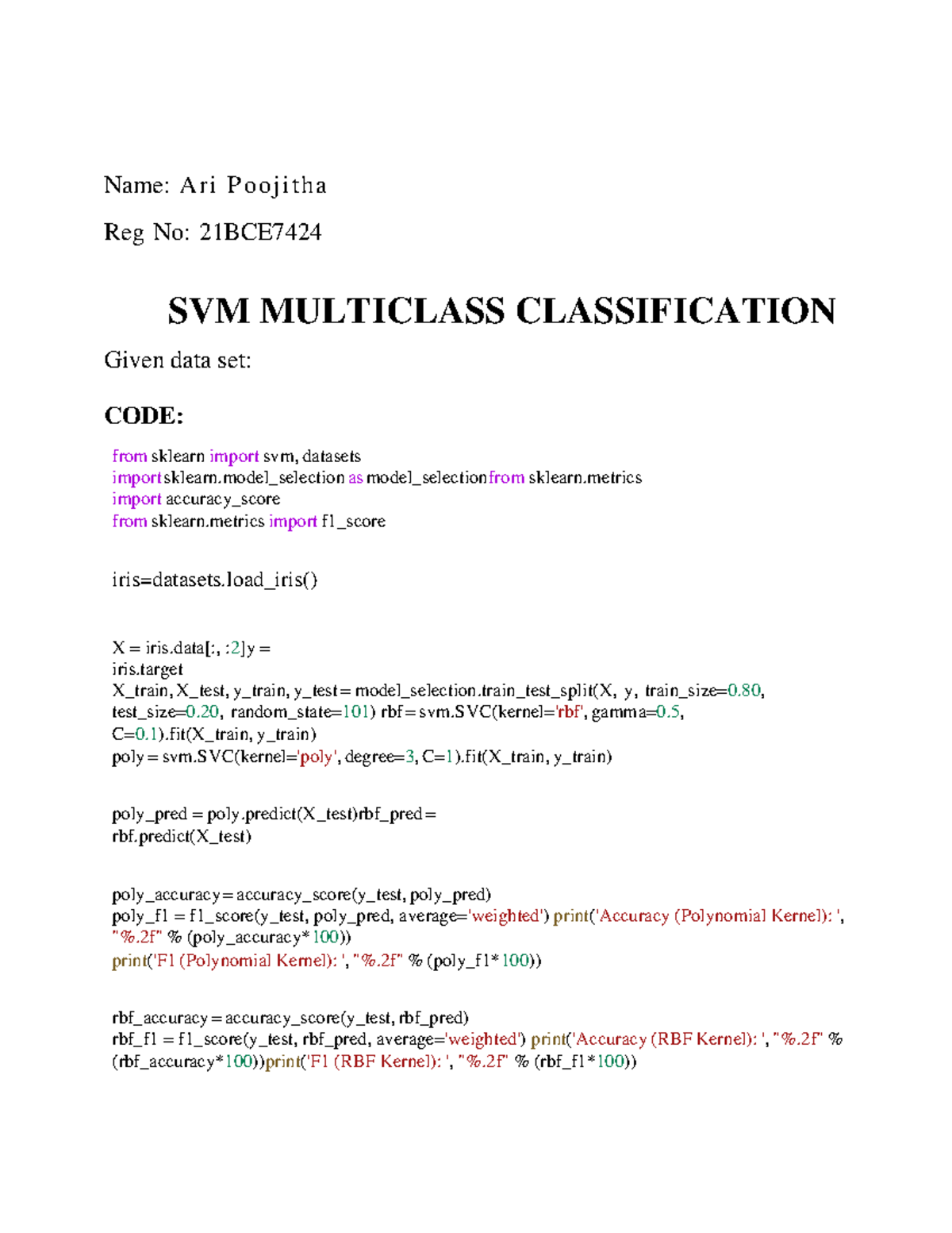 Svm Multiclass Classification Name Ari Poojitha Reg No 21bce Svm 0351