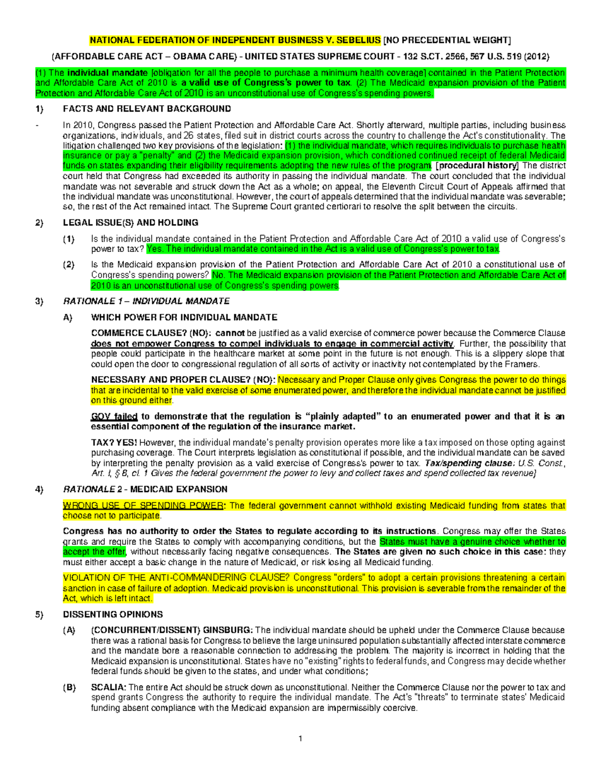 DETAILED CASE BRIEF & class notes Sebelius (Obama CARE) - 1 NATIONAL ...