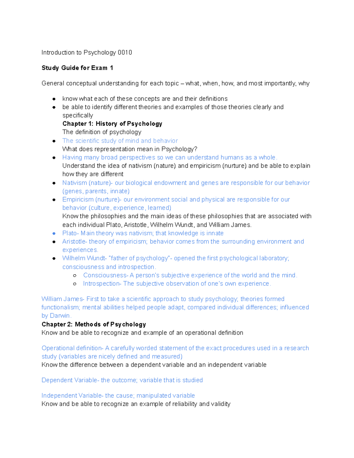 Psych Exam Study Guide - Jennifer Cousins - Introduction to Psychology ...