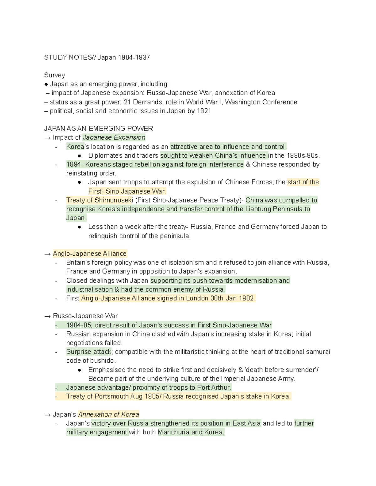 Study Notes Japan 1904-1937 - STUDY NOTES// Japan 1904- Survey Japan as ...
