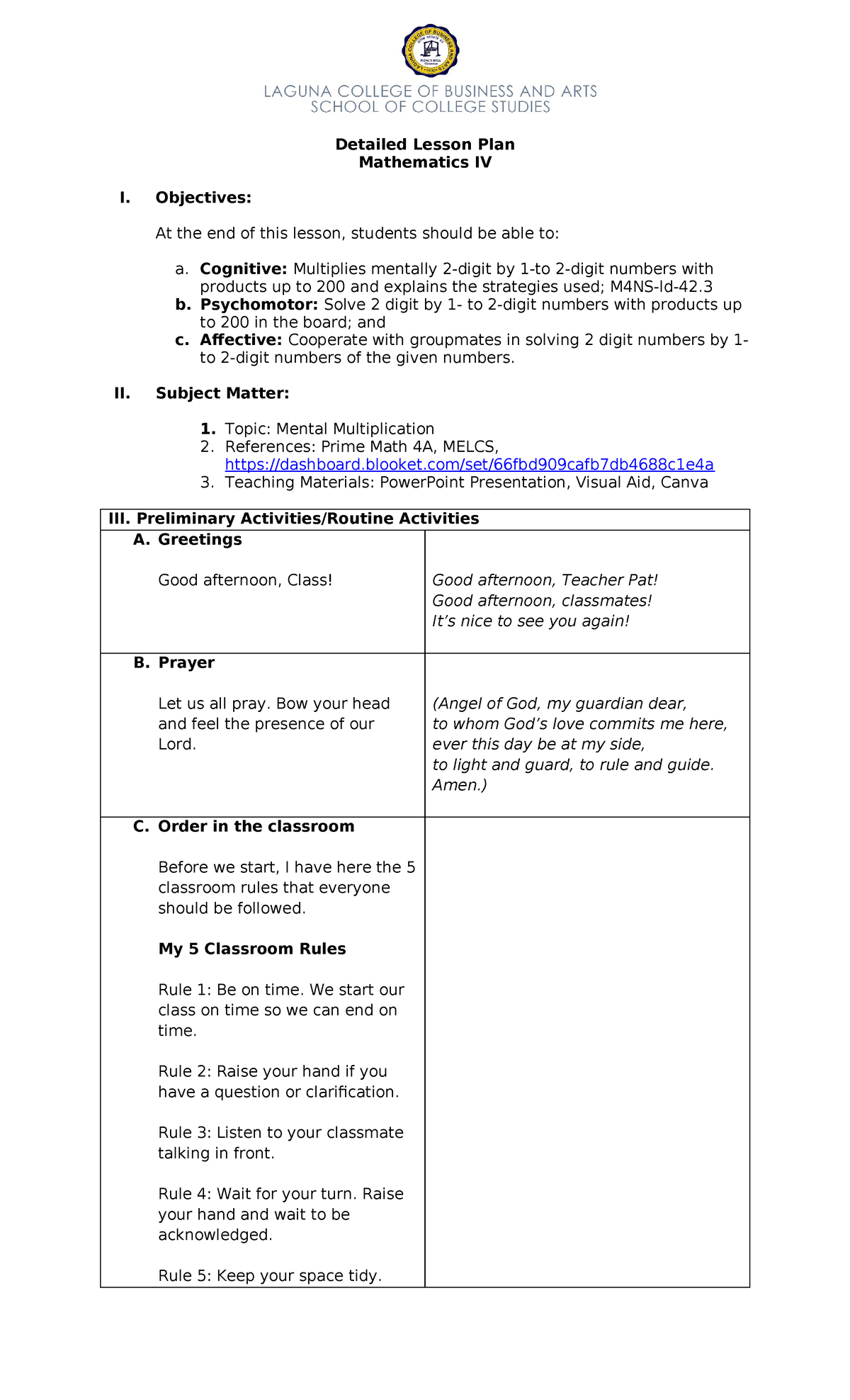 Mental Multiplication Grade 4 - Detailed Lesson Plan Mathematics IV I ...