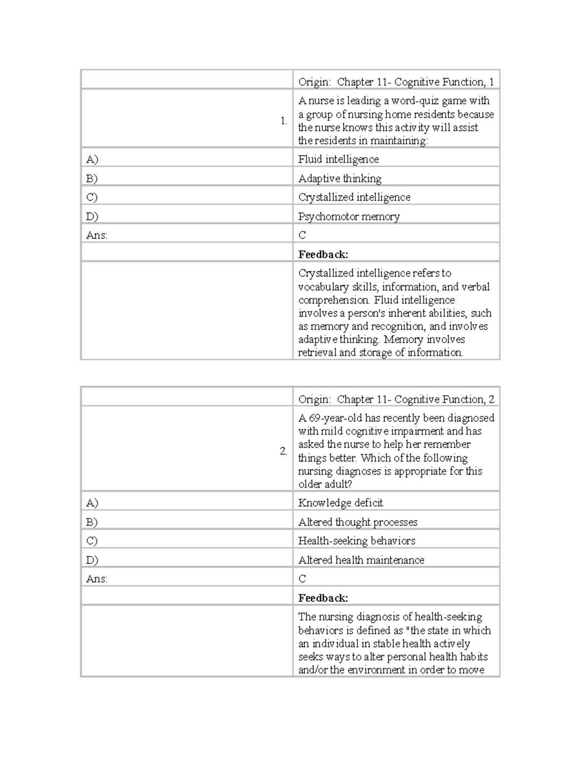 Chapter 11- Cognitive Function - A nurse is leading a word-quiz game ...