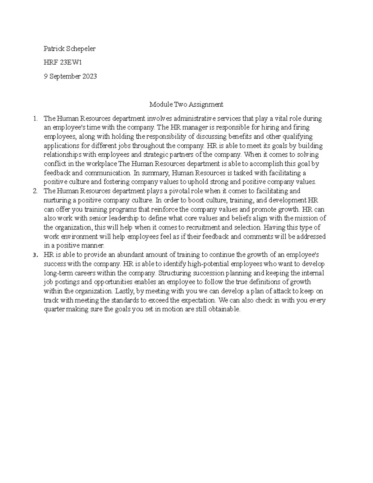Module Two Assignment - NOTES FOR PROJECT TWO HR DEVELOPMENTS - Patrick ...