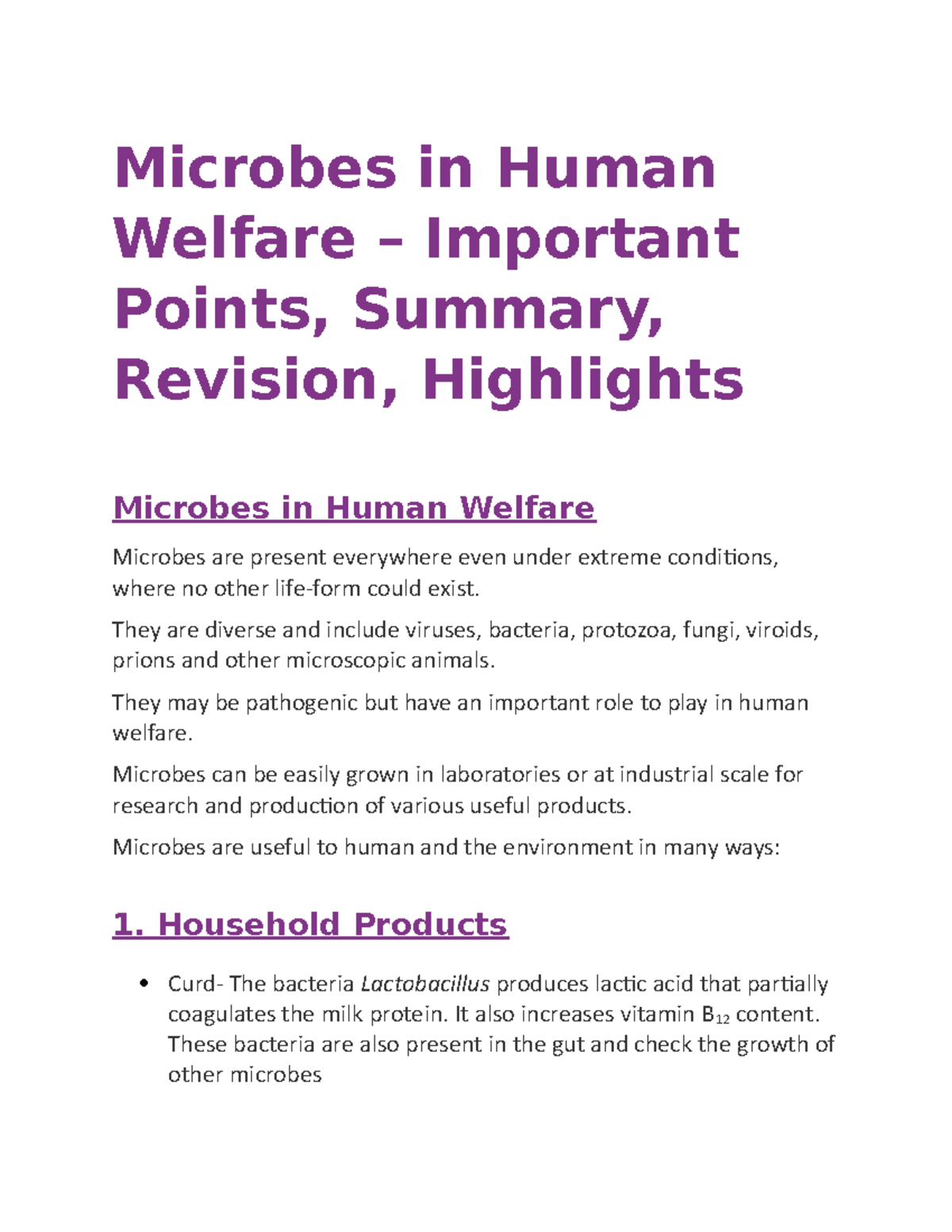 Microbes in Human Welfare – Important Points, Summary, Revision ...