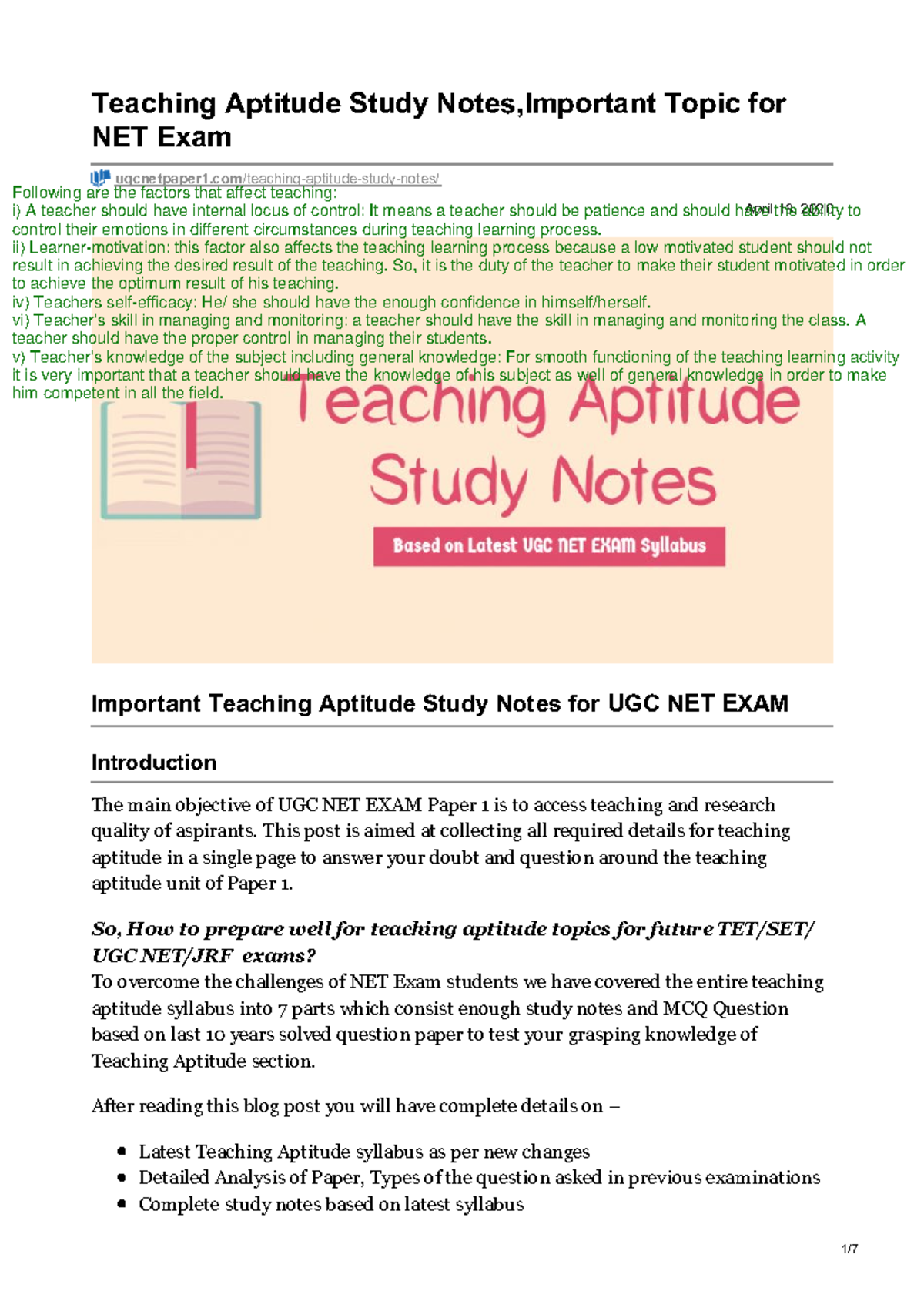 Teaching Aptitude Study Notes Part 1 - April 18, 2020 Teaching Aptitude ...