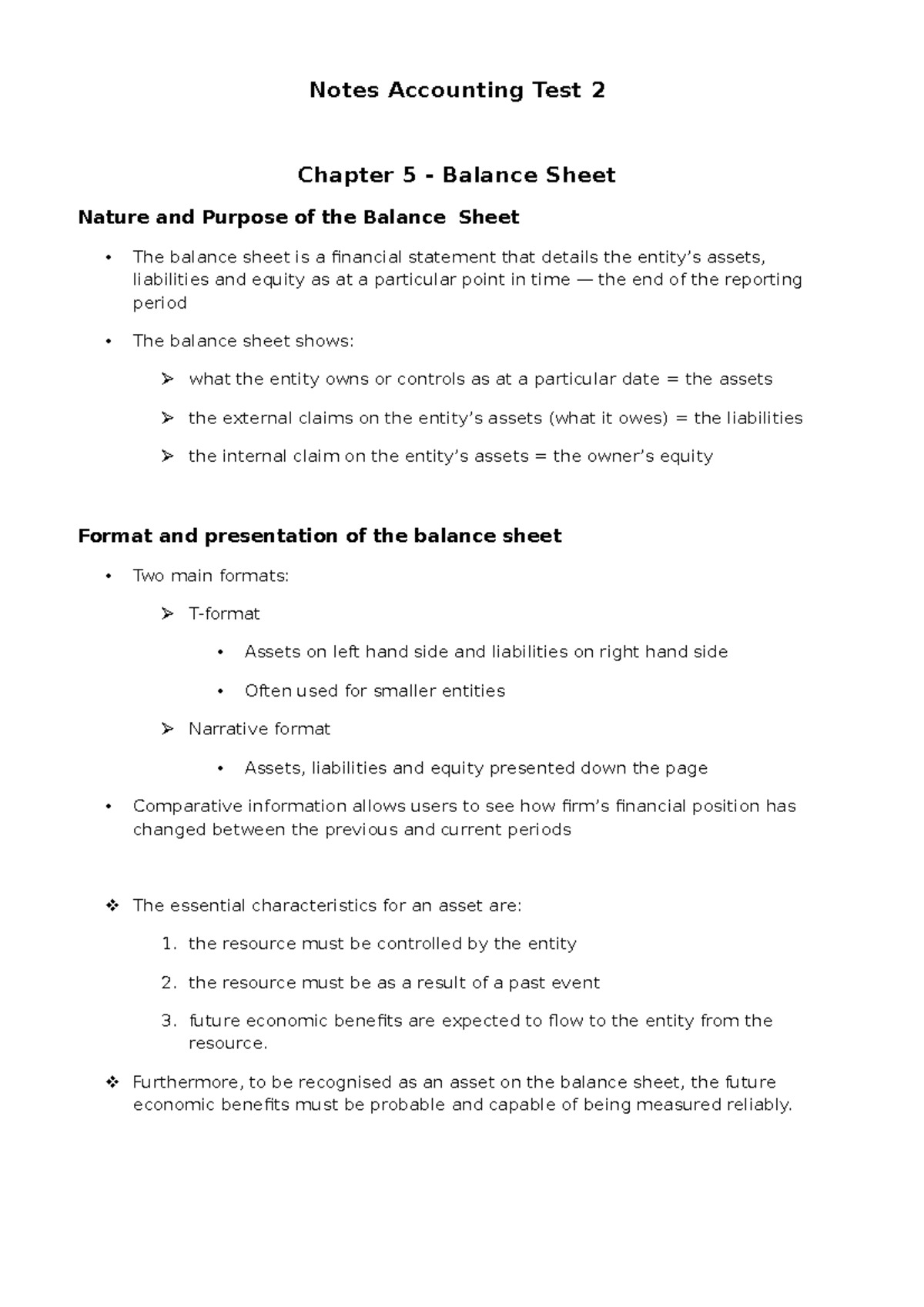 Chapters 5 and 6 - Notes Accounting Test 2 Chapter 5 Balance Sheet ...