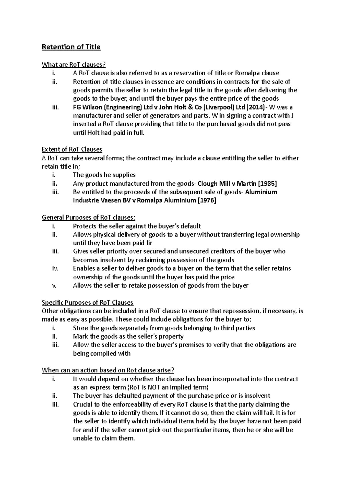Retention of Title - Retention of Title What are RoT clauses? i. A RoT ...