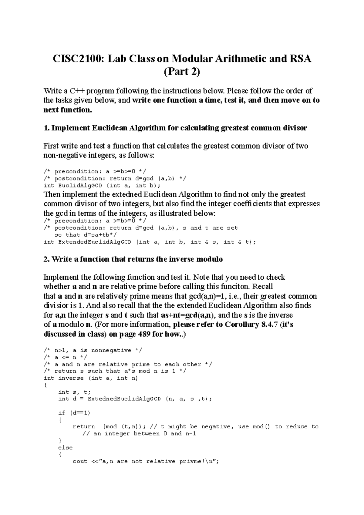 Cisc2100 Lab Class On Modular Arithmetic And Rsa Part 2 Please Follow The Order Of The Tasks 0602