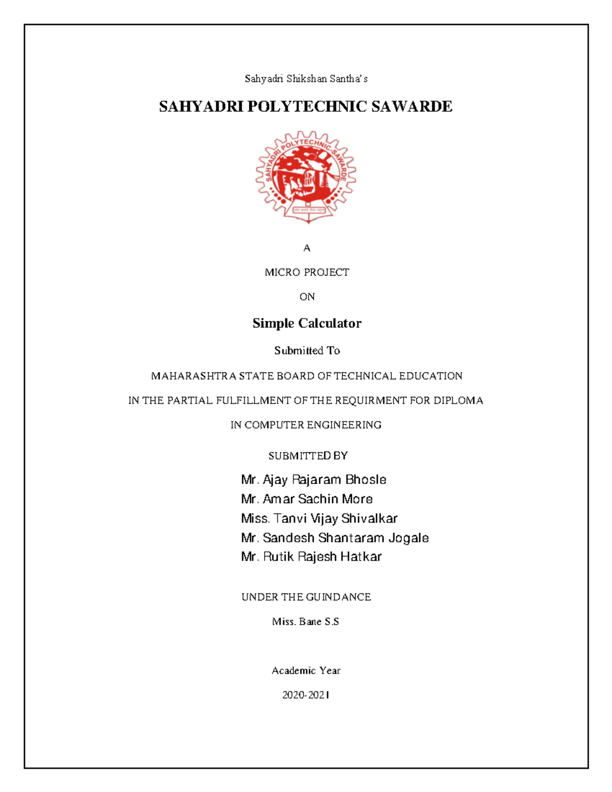 Calculator c microproject - Sahyadri Shikshan Santha’s SAHYADRI POLYTECHNIC SAWARDE UNDER THE ...