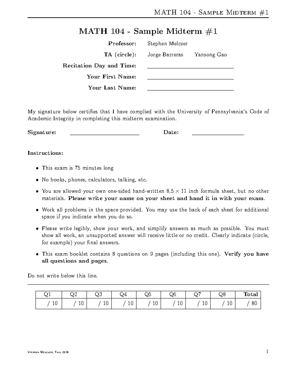 Sample Midterm 1 - MATH 104 - Sample Midterm Professor: Stephen Melczer ...