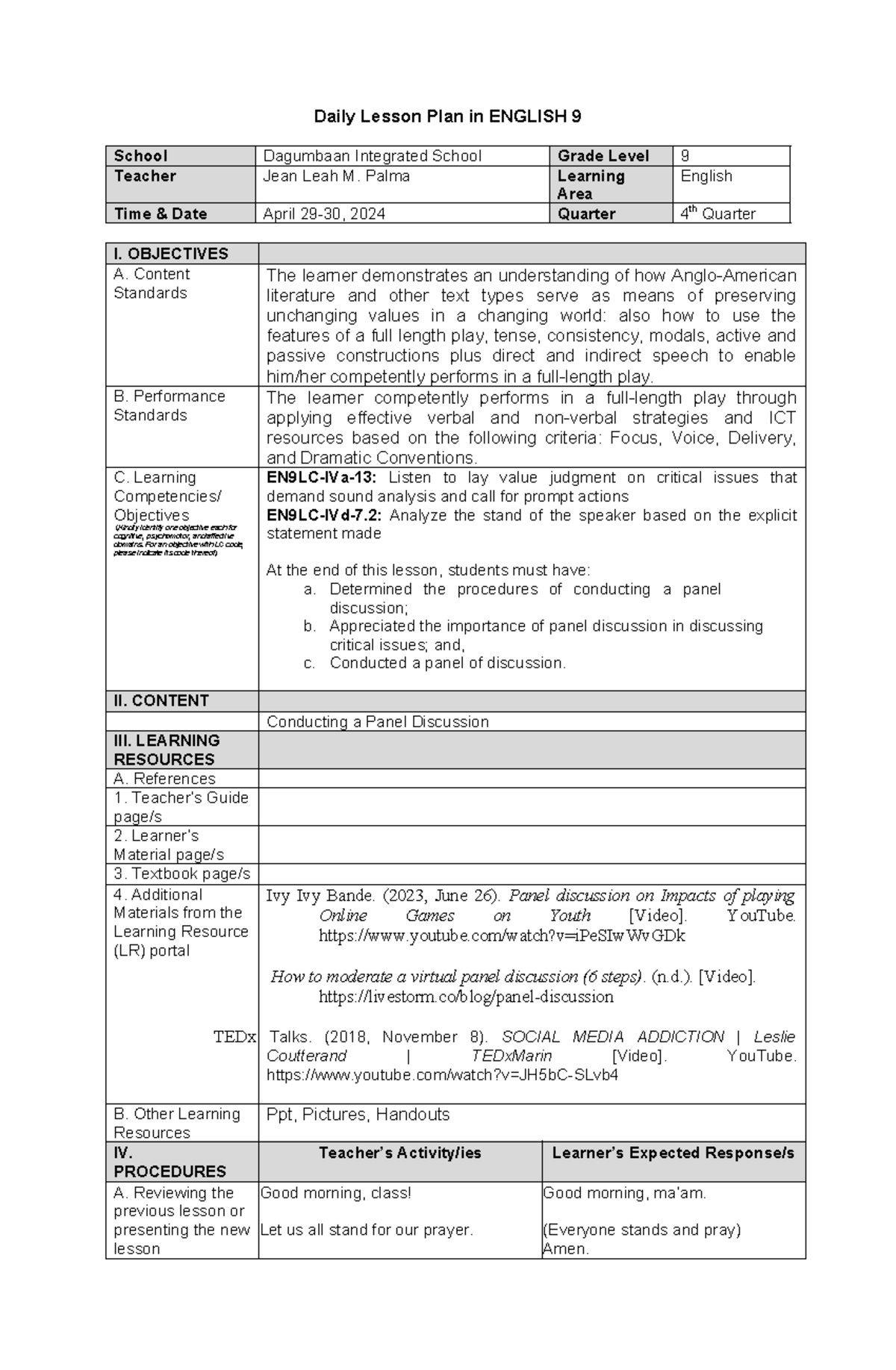 Conducting A Panel Discussion - Daily Lesson Plan in ENGLISH 9 School ...
