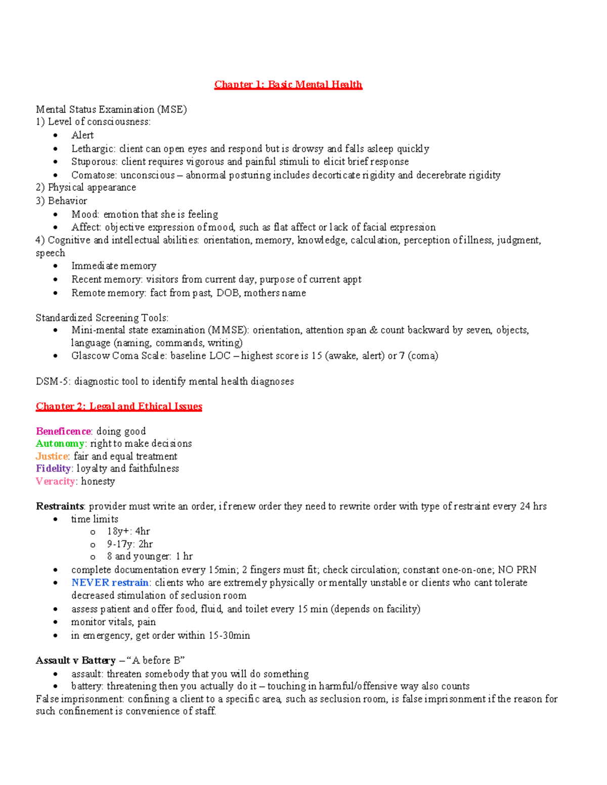 2-Study Guide - study - Chapter 1: Basic Mental Health Mental Status ...