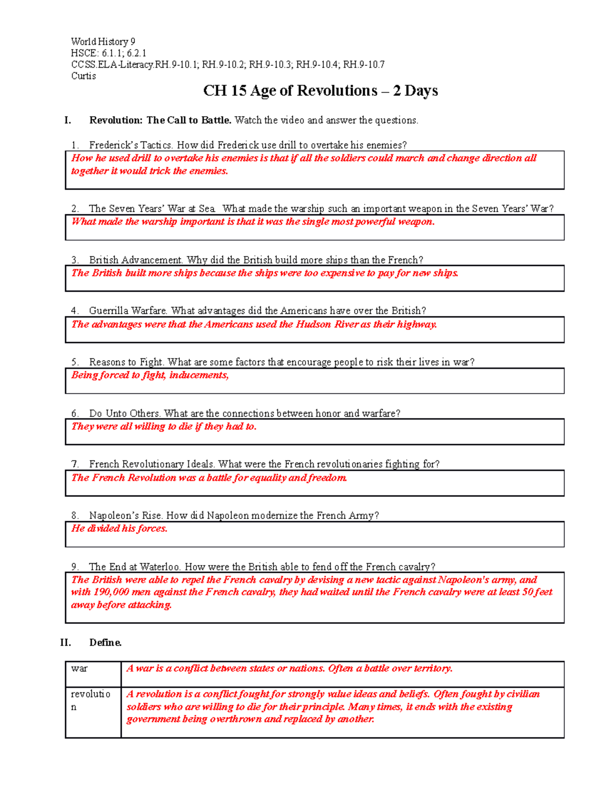 Age of Revolutions - wkst - World History 9 HSCE: 6.1; 6. CCSS.ELA ...