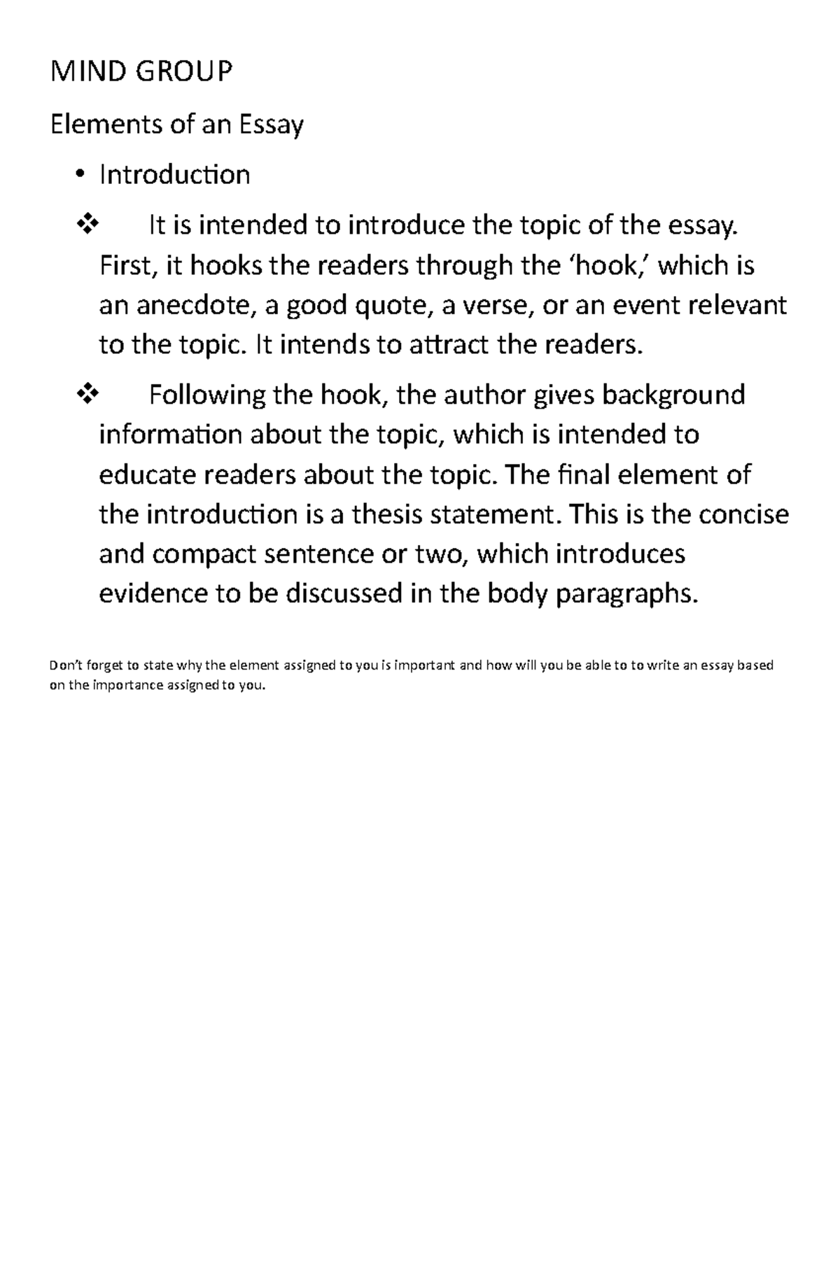 COT materials Creative writing - MIND GROUP Elements of an Essay ...