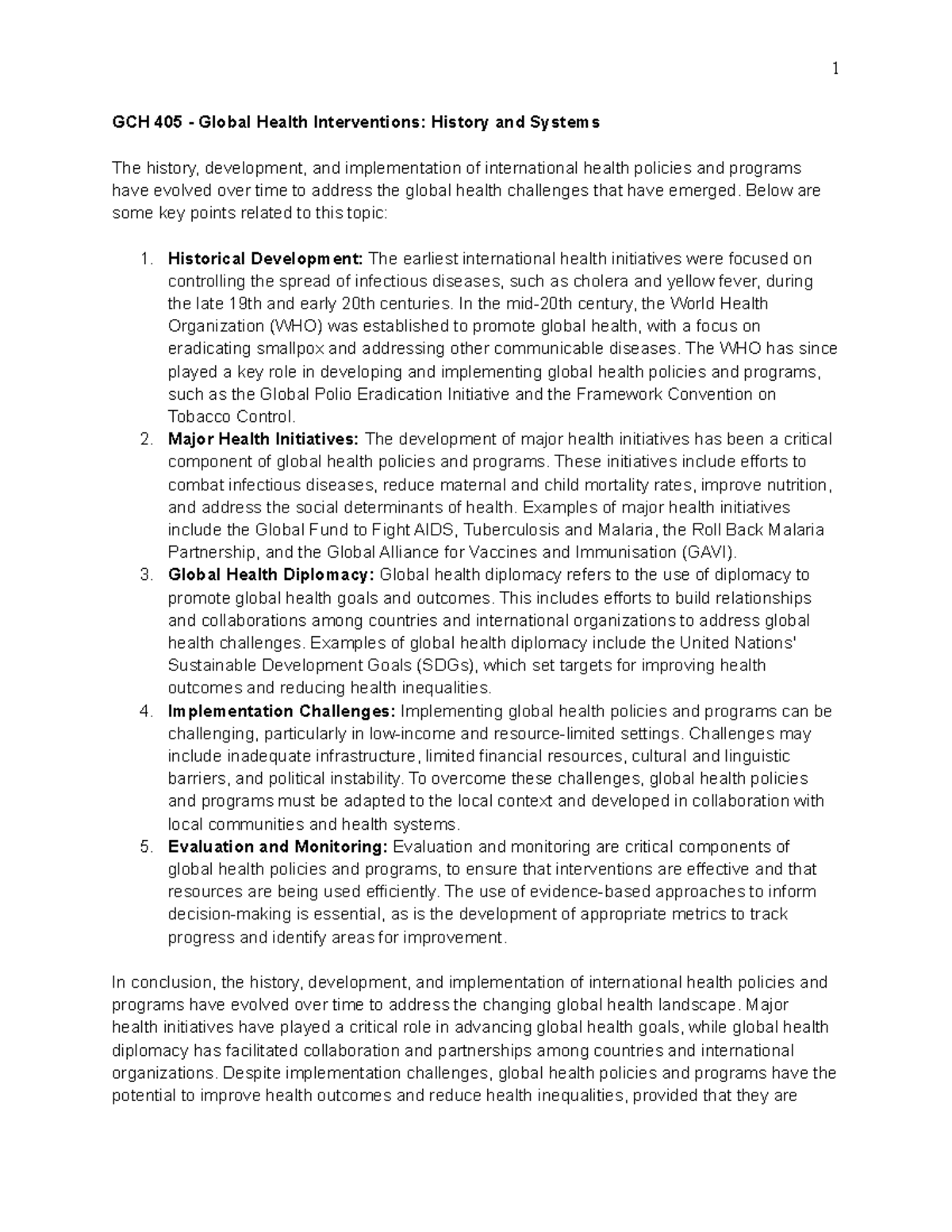 GCH 405 - Global Health Interventions History and Systems - Below are ...