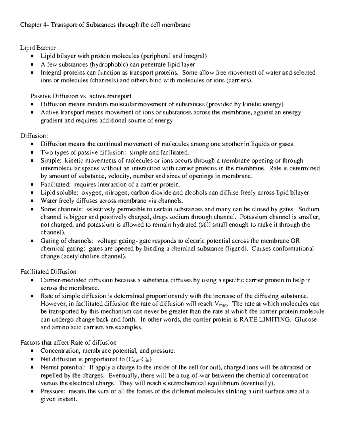 Lecture Unit 2 - ####### Chapter 4- Transport of Substances through the ...