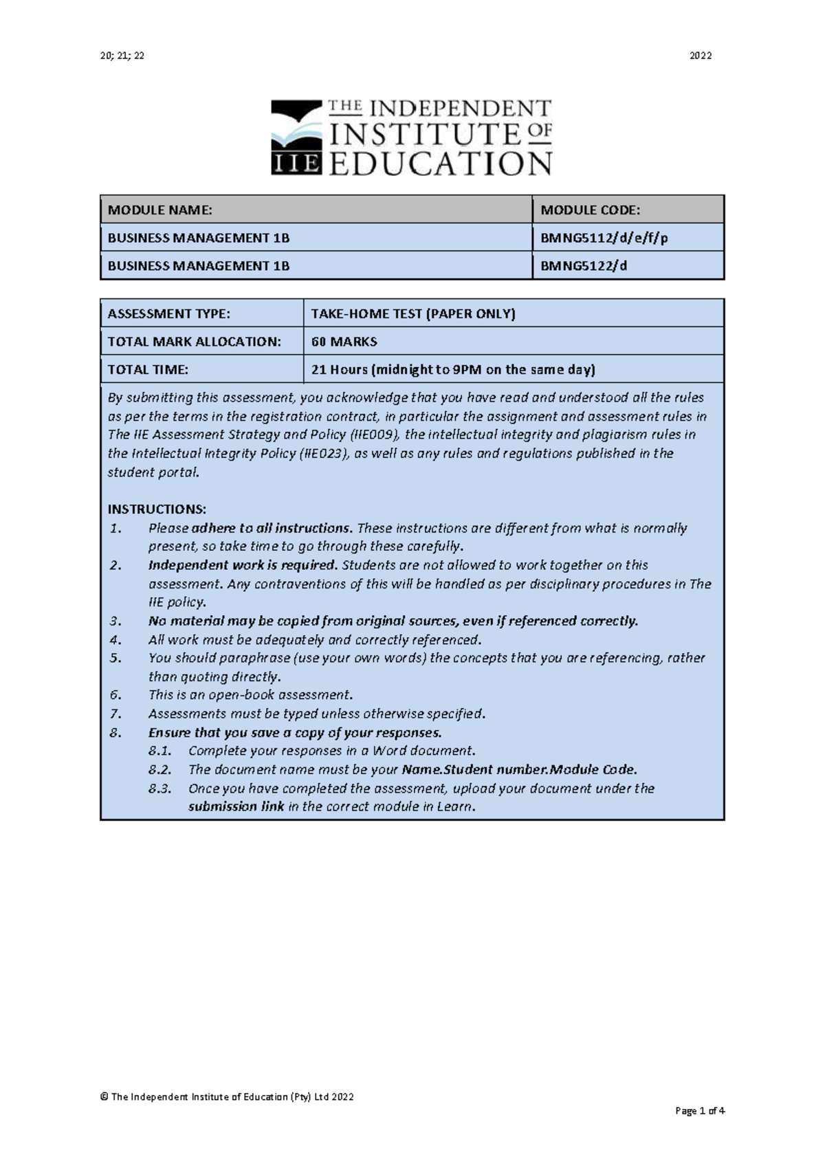 BMNG5112Ta THT - a lot - © The Independent Institute of Education (Pty) Ltd 2022 MODULE NAME ...