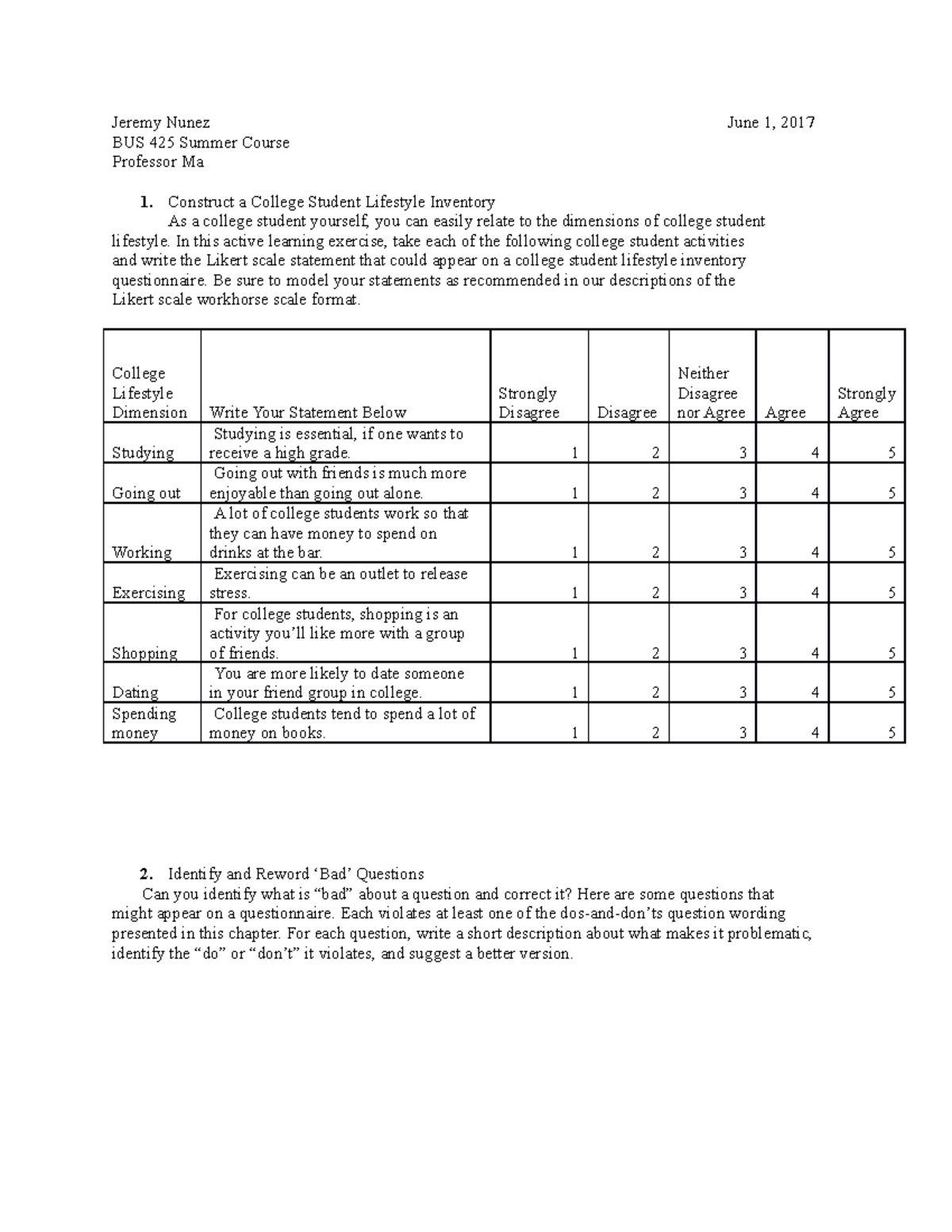 Assignment 2: construct a college student lifestyle inventory - Jeremy ...