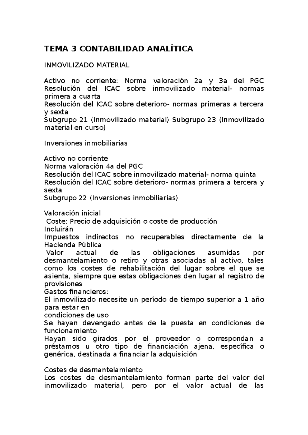 TEMA 3 Contabilidad II - TEMA 3 CONTABILIDAD ANALÍTICA INMOVILIZADO MATERIAL Activo no corriente ...