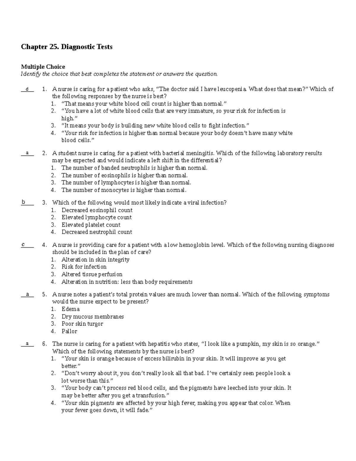 CH25 - help with test - Chapter 25. Diagnostic Tests Multiple Choice ...