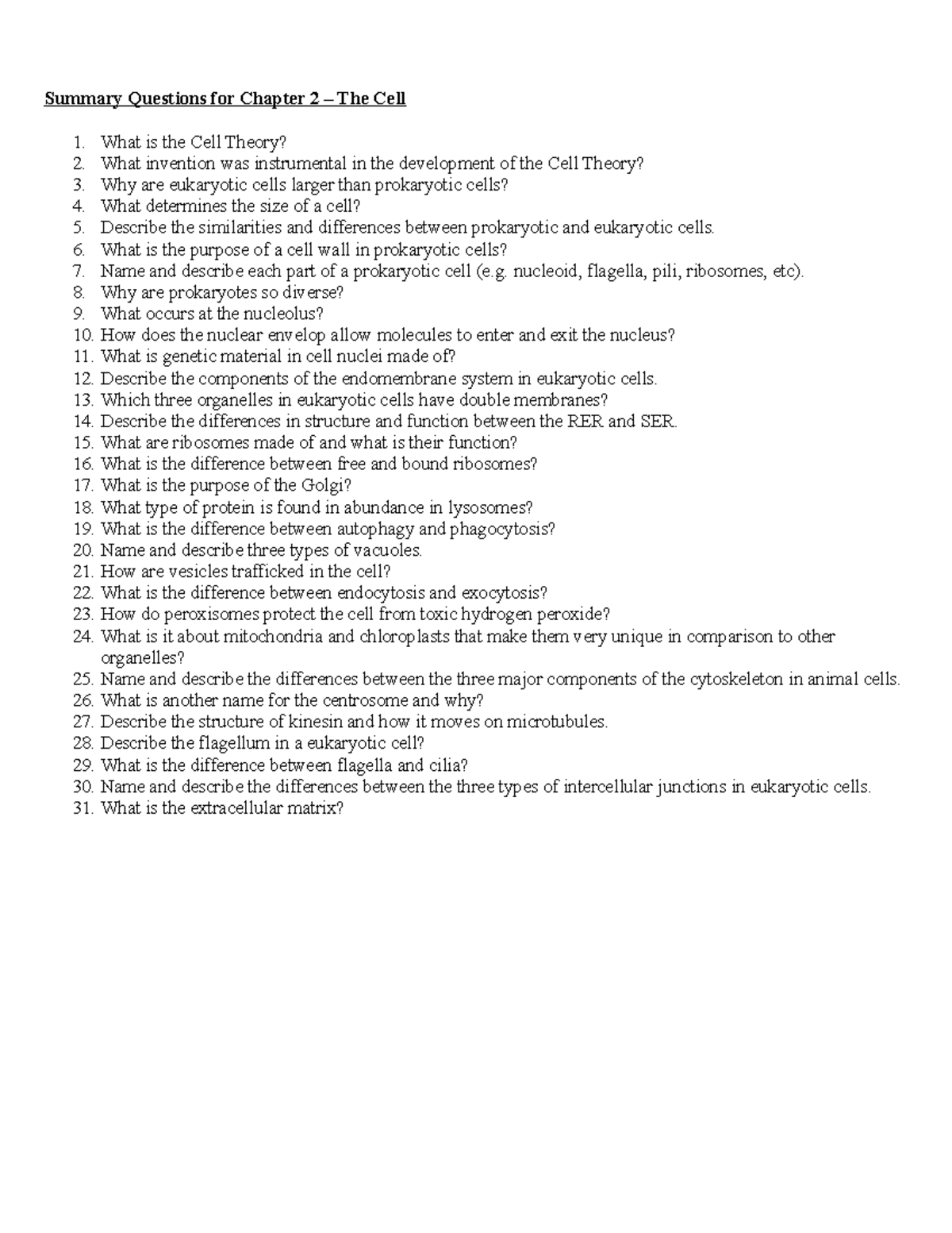 Summary for Chapter 2 - Summary Questions for Chapter 2 – The Cell What ...