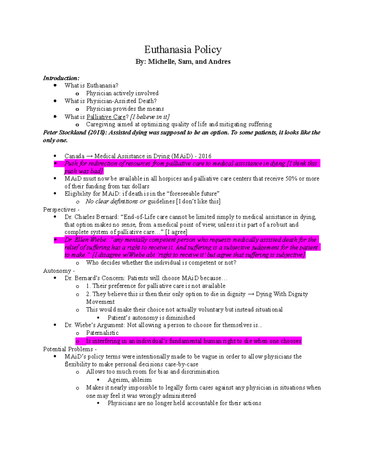 Outline of readings for the class on Euthanasia Policy, (Group 6 ...