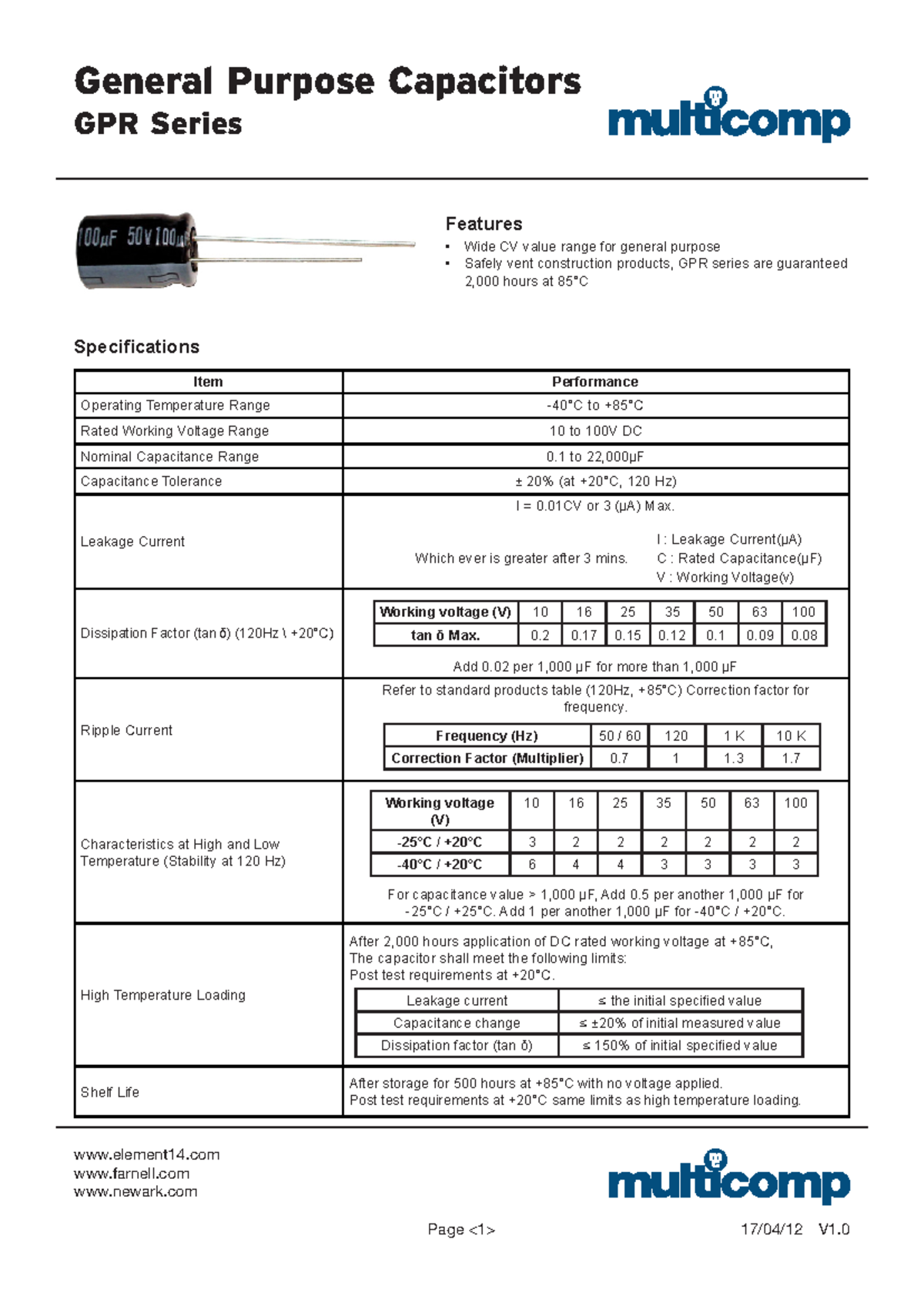 Datasheet Capacitores - element14 farnell newark GPR Series ...