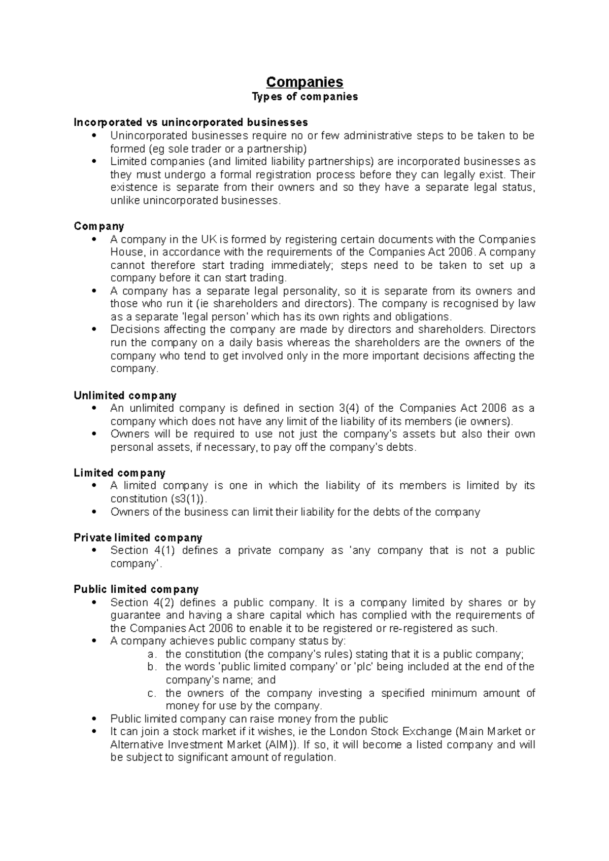 UNIT 2 -Companies notes - Companies Types of companies Incorporated vs ...